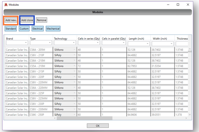 Add, clone or remove solar modules